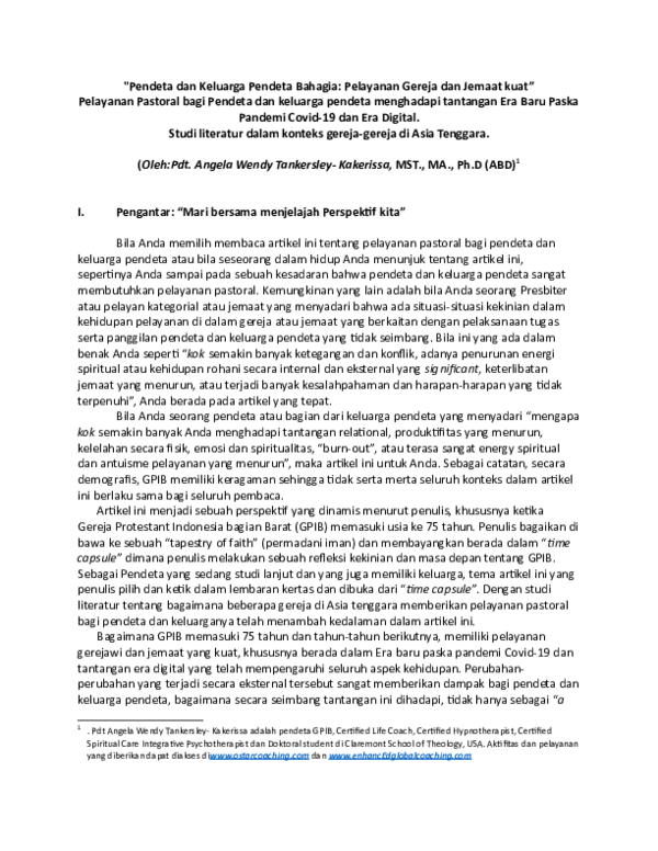 (DOC) Pelayanan Pastoral bagi Pendeta dan Keluarga Pendeta