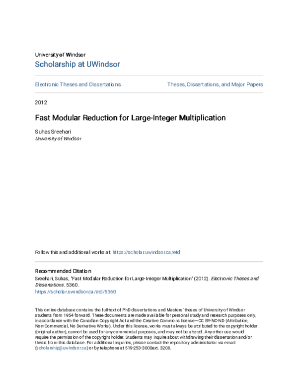 Pdf Fast Modular Reduction For Large Integer Multiplication For Cryptosystem Application