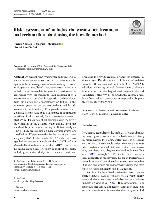 (PDF) Risk assessment of an industrial wastewater treatment and ...