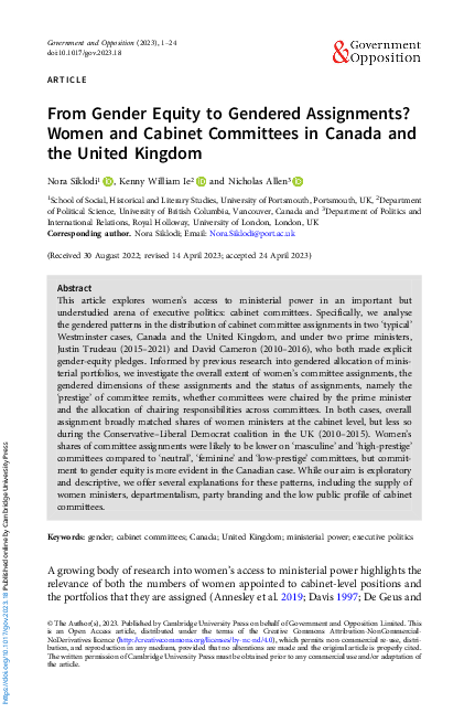 (PDF) From Gender Equity to Gendered Assignments? Women and Cabinet Committees in Canada and the ...