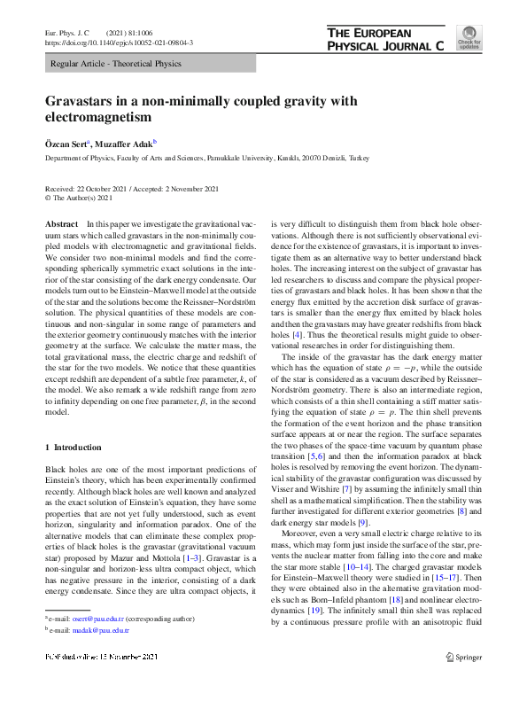 (PDF) Gravastars in a non-minimally coupled gravity with electromagnetism