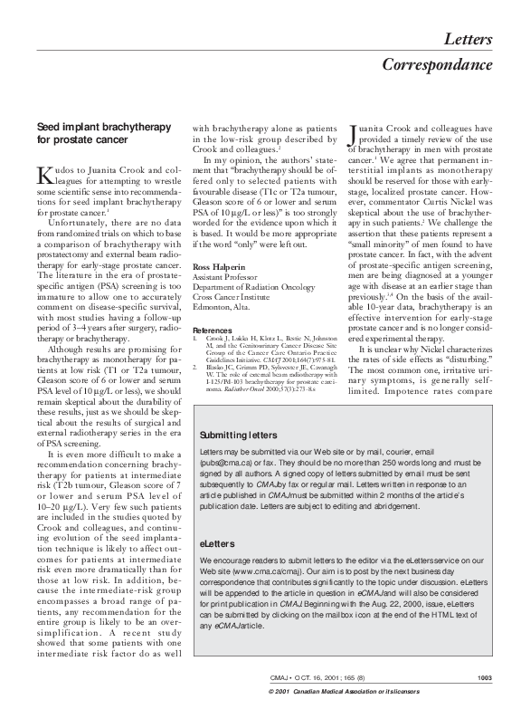 (PDF) Seed implant brachytherapy for prostate cancer