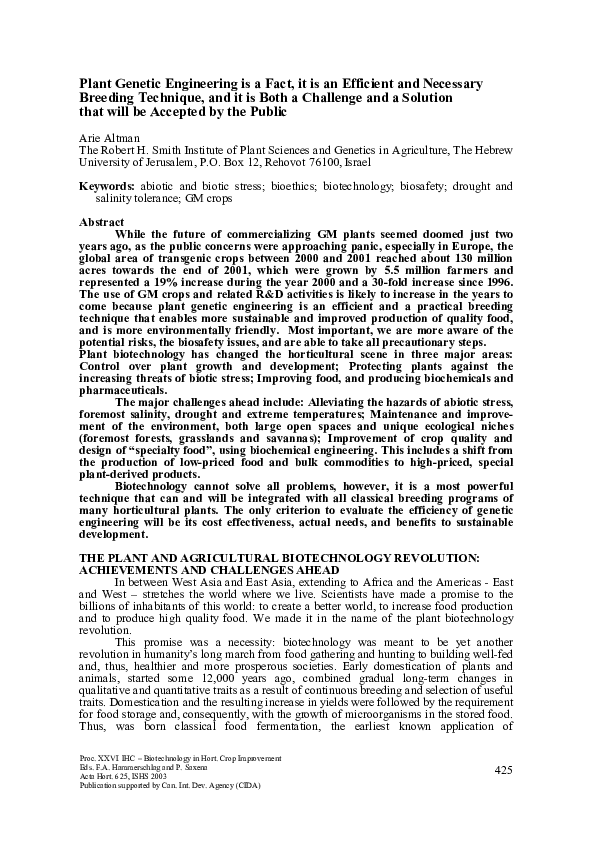 Pdf Plant Genetic Engineering Is A Fact It Is An Efficient And