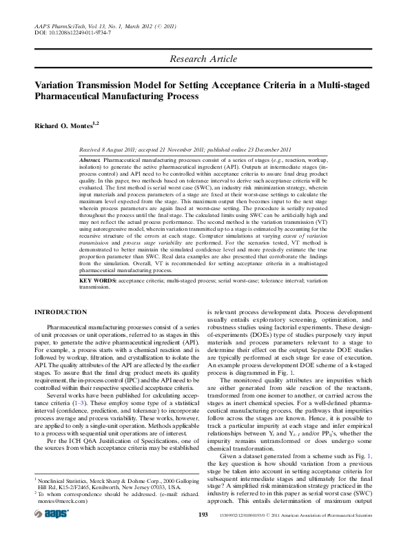 (PDF) Variation Transmission Model for Setting Acceptance Criteria in a ...
