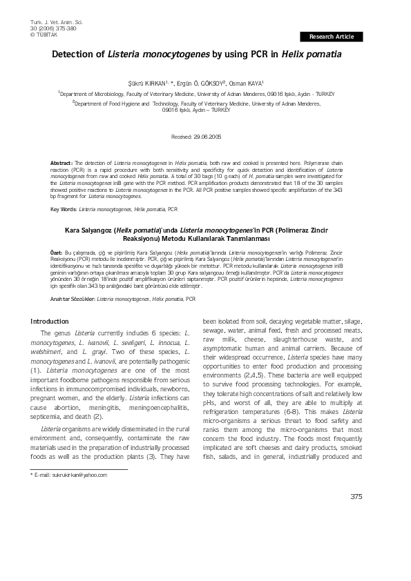 (PDF) Detection of Listeria monocytogenes by using PCR in Helix pomatia