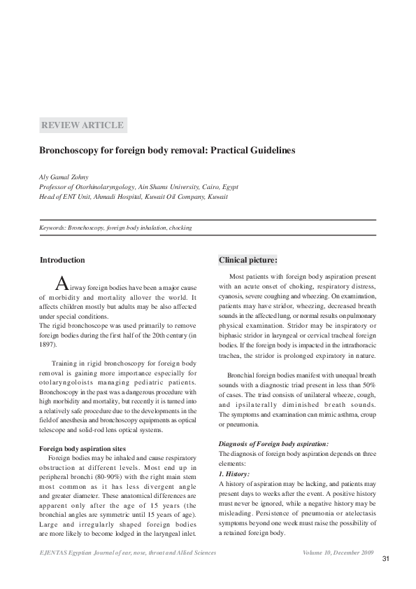 (PDF) Bronchoscopy for foreign body removal: Practical Guidelines