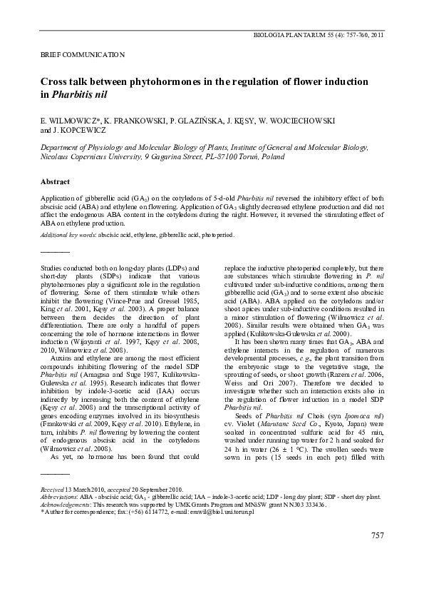 (PDF) Cross talk between phytohormones in the regulation of flower ...