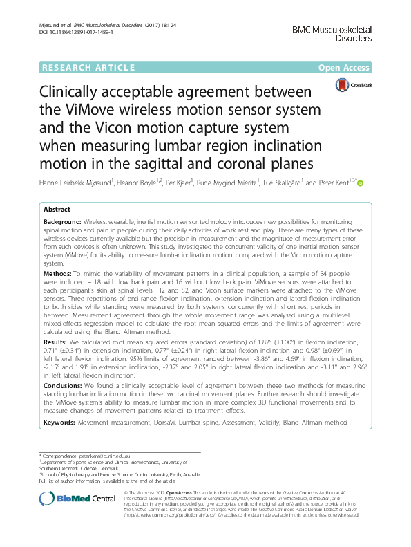 (PDF) Clinically acceptable agreement between the ViMove wireless ...