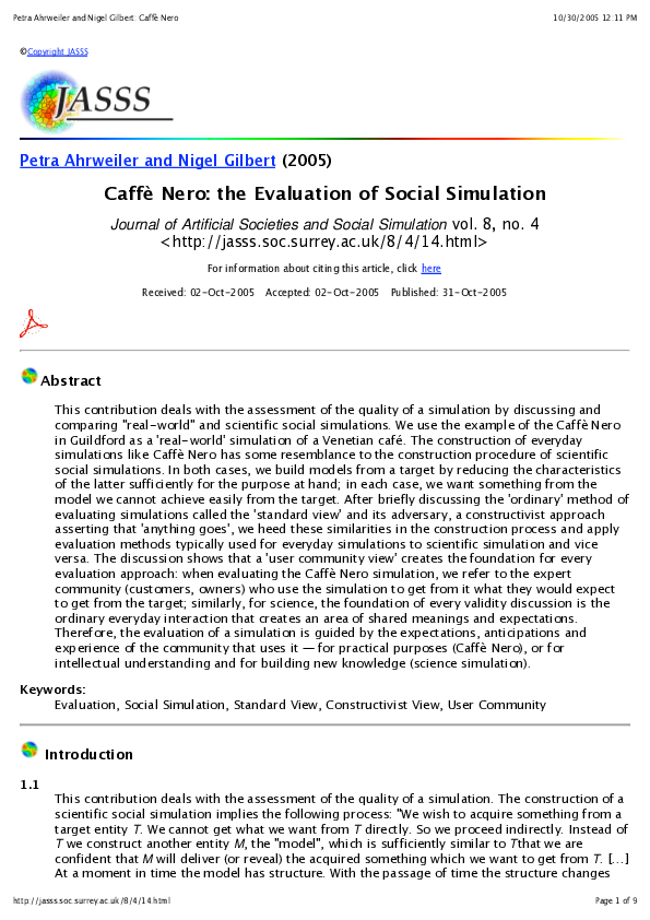 (PDF) Caffè Nero: the evaluation of social simulation | Nigel Gilbert ...