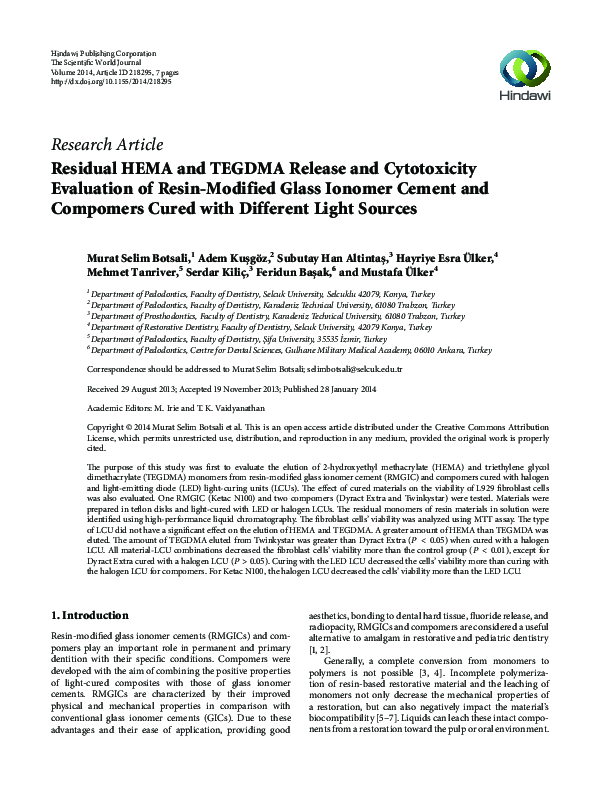 (PDF) Residual HEMA and TEGDMA Release and Cytotoxicity Evaluation of ...