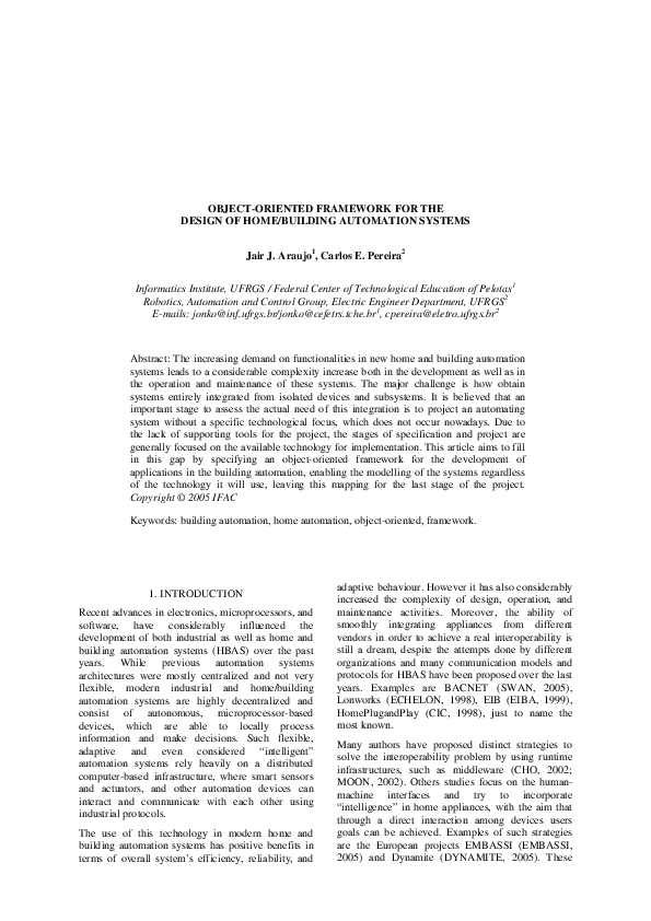 Pdf Object Oriented Framework For The Design Of Home Building Automation Systems
