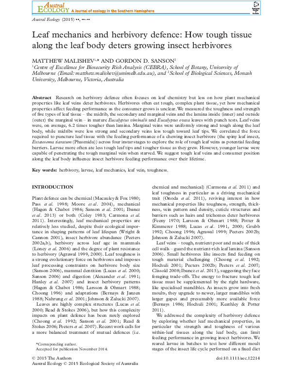 (PDF) Leaf mechanics and herbivory defence: How tough tissue along the ...