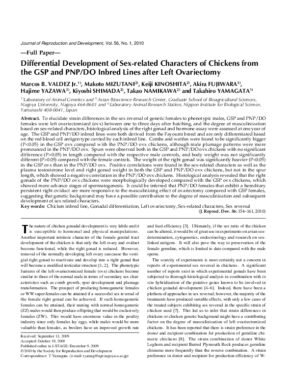 Pdf Differential Development Of Sex Related Characters Of Chickens From The Gsp And Pnp Do
