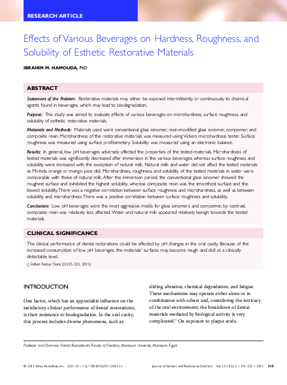 (PDF) Effects of Various Beverages on Hardness, Roughness, and ...