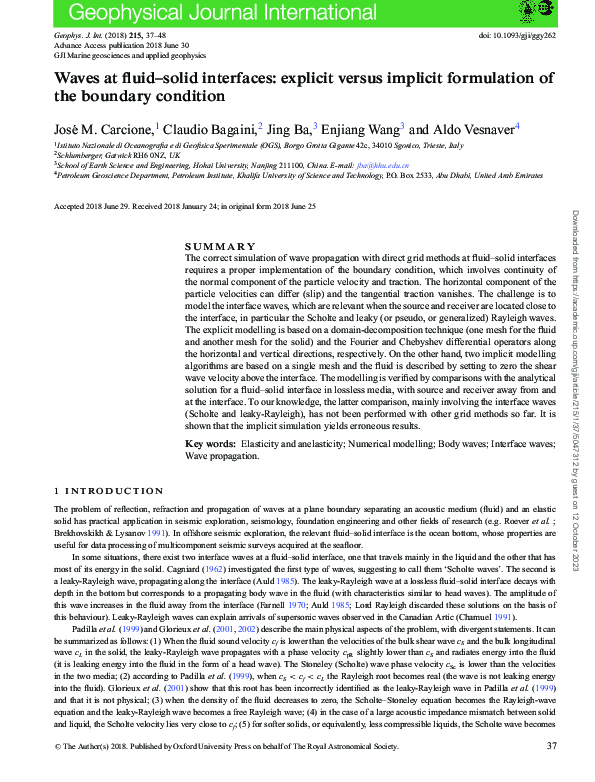 (PDF) Waves at fluid–solid interfaces: explicit versus implicit formulation of the boundary ...