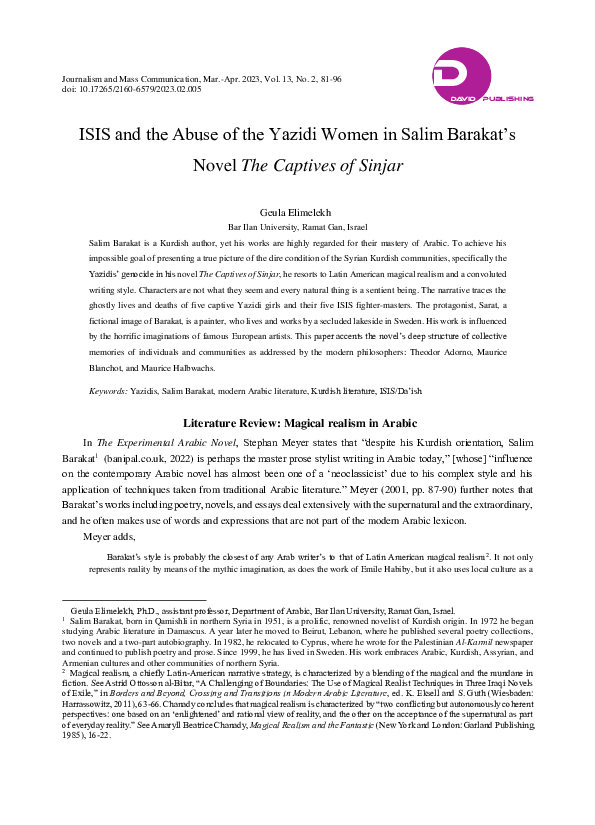 (PDF) ISIS and the Abuse of the Yazidi Women in Salim Barakat’s Novel ...