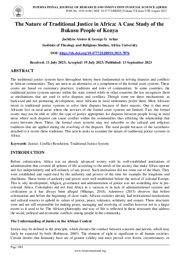 (PDF) The Nature of Traditional Justice in Africa: A Case Study of the ...