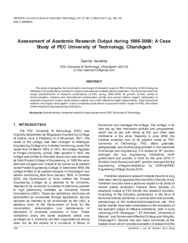 (PDF) Assessment of Academic Research Output during 1996-2009: A Case Study of PEC University of ...