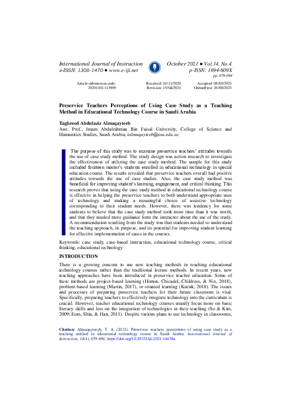 (PDF) Preservice Teachers Perceptions of Using Case Study as a Teaching Method in Educational ...