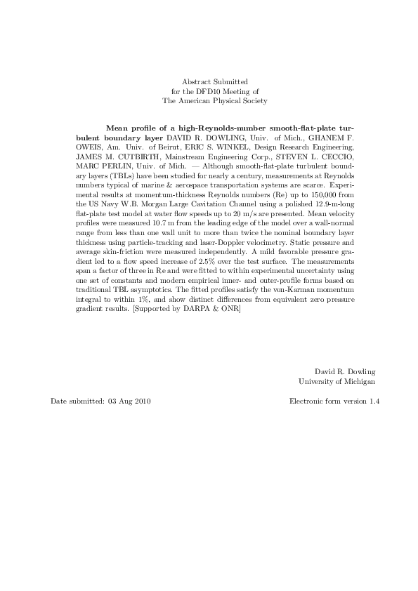 (PDF) Mean profile of a high-Reynolds-number smooth-flat-plate ...