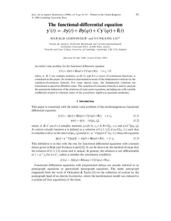 (PDF) The functional-differential equation y′(t)=Ay(t) +By(qt) +Cy′(qt) +f(t)
