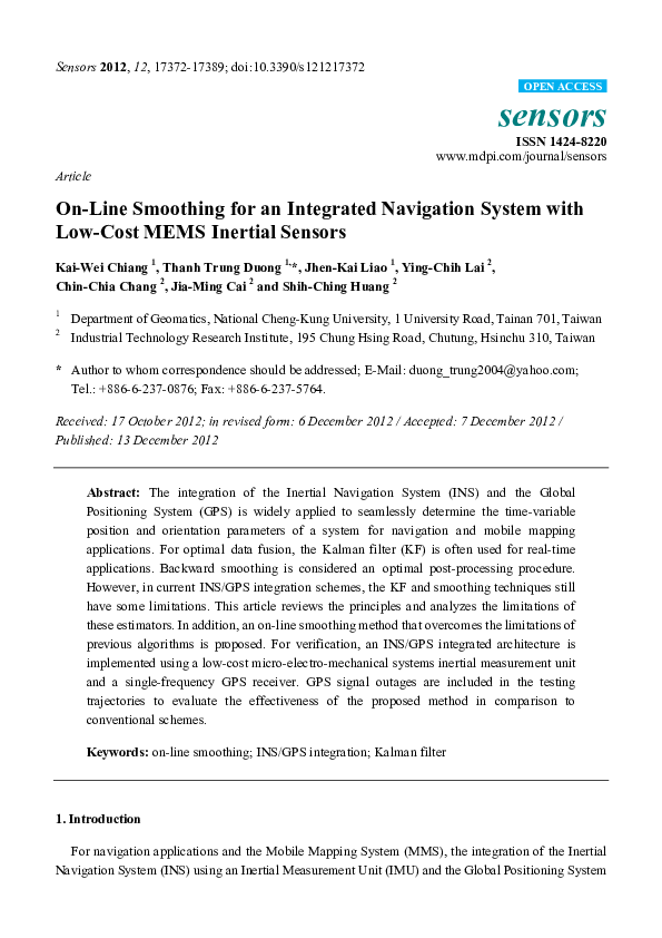 Pdf On Line Smoothing For An Integrated Navigation System With Low Cost Mems Inertial Sensors