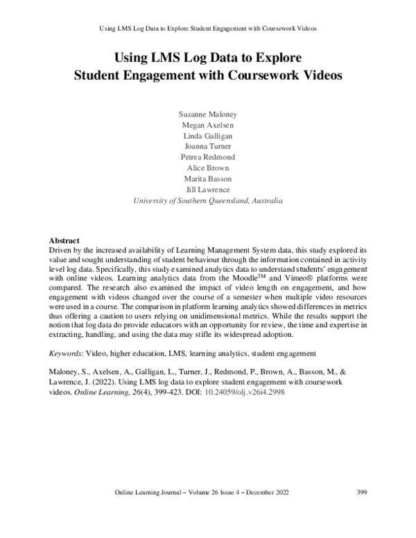 (PDF) Using LMS Log Data to Explore Student Engagement with Coursework Videos