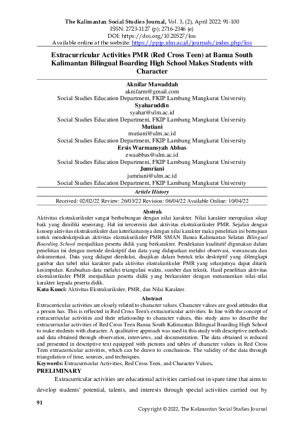 (PDF) Extracurricular Activities PMR (Red Cross Teen) at Banua South ...