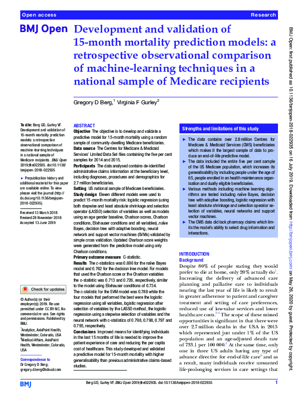 Pdf Development And Validation Of 15 Month Mortality Prediction