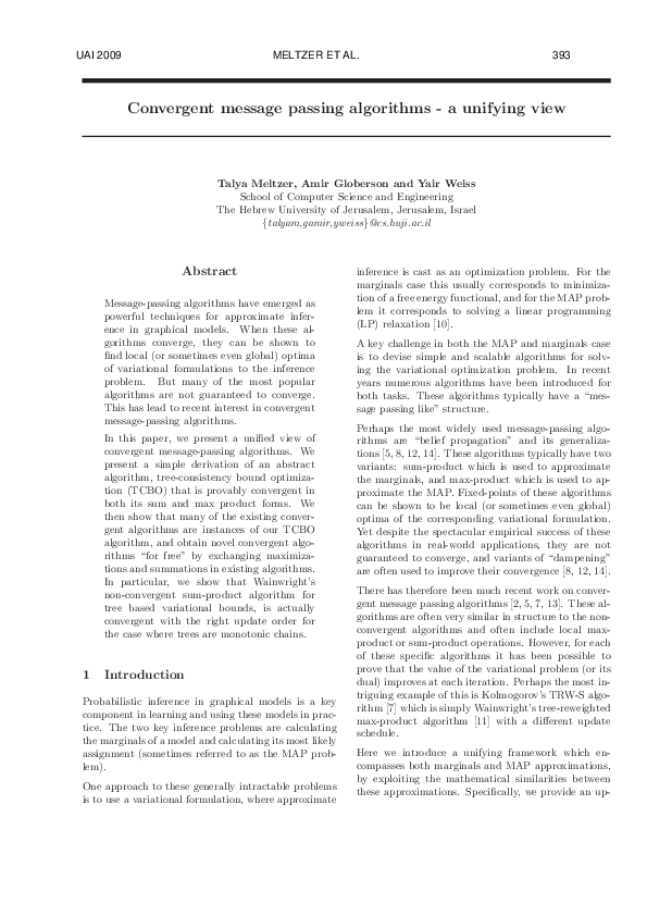 (PDF) Convergent message passing algorithms: a unifying view | Talya Meltzer - Academia.edu