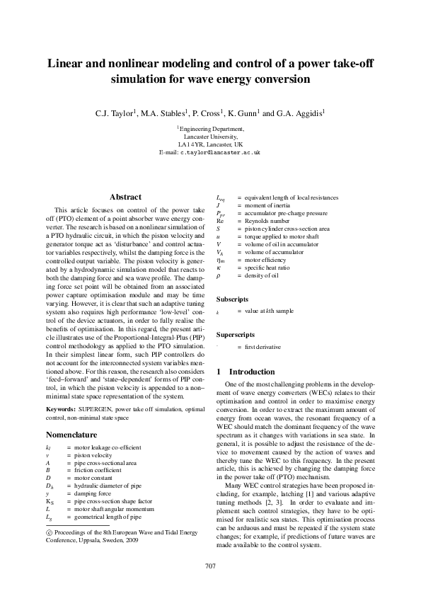 (PDF) Linear and nonlinear modeling and control of a power take-off simulation for wave energy ...