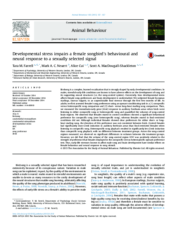 (PDF) Developmental stress impairs a female songbird's behavioural and ...