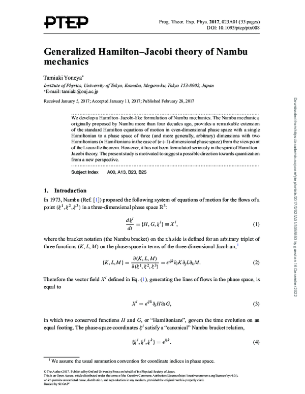 (PDF) Generalized Hamilton–Jacobi theory of Nambu mechanics