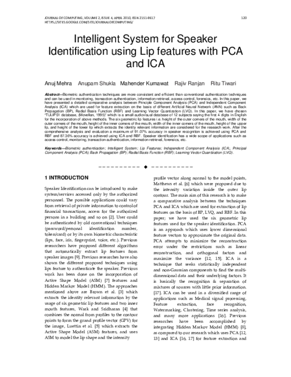 (PDF) Intelligent System for Speaker Identification using Lip features with PCA and ICA
