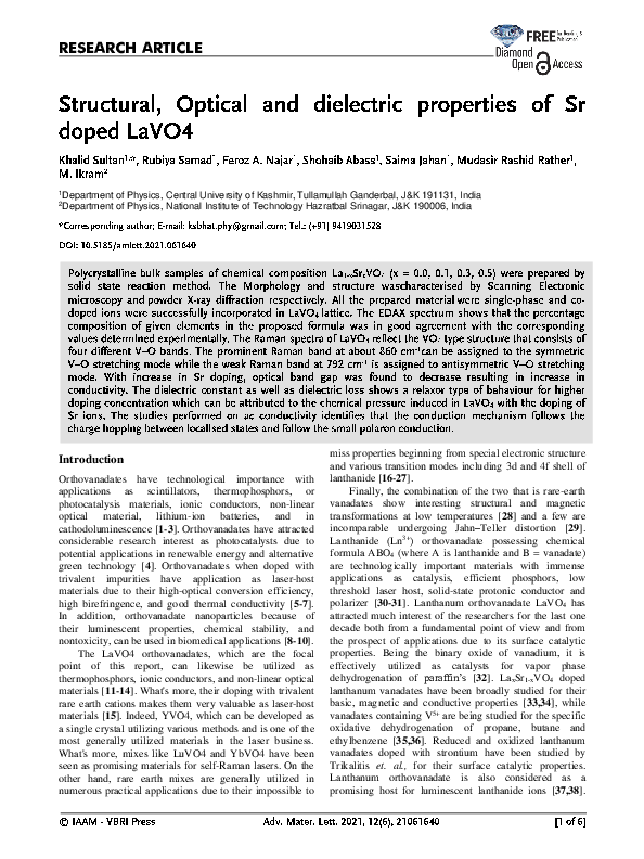 (PDF) Structural, Optical And Dielectric Properties Of Sr Doped LaVO4