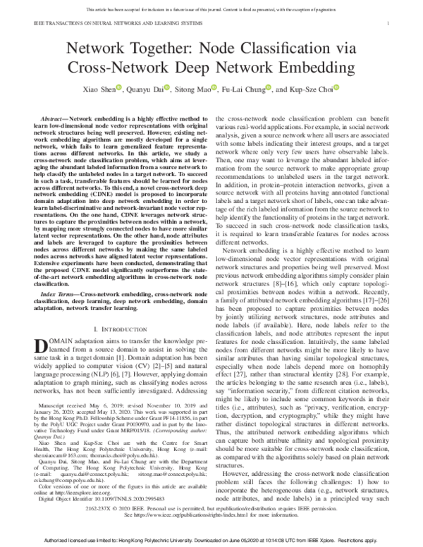 Pdf Network Together Node Classification Via Cross Network Deep Network Embedding