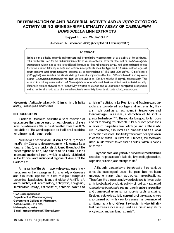 (PDF) Determination of Anti-Bacterial Activity and in Vitro Cytotoxic ...