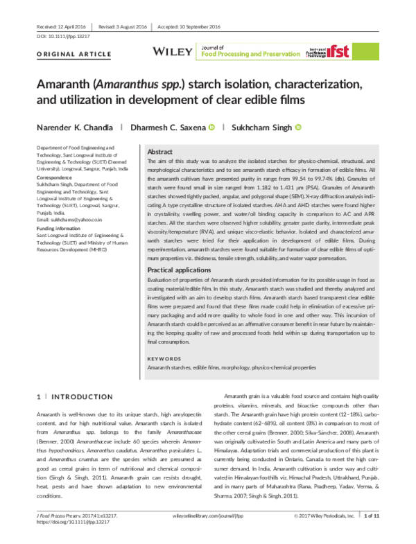 (PDF) Amaranth (Amaranthus spp.) starch isolation, characterization, and utilization in ...