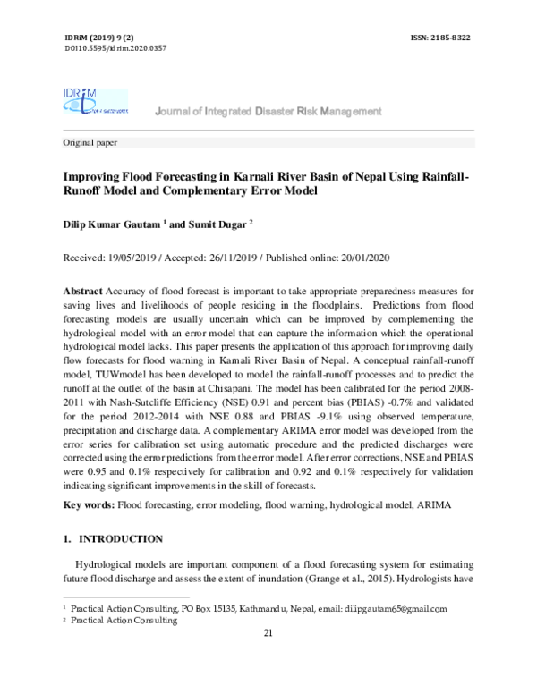 Pdf Improving Flood Forecasting In Karnali River Basin Of Nepal Using Rainfall Runoff Model