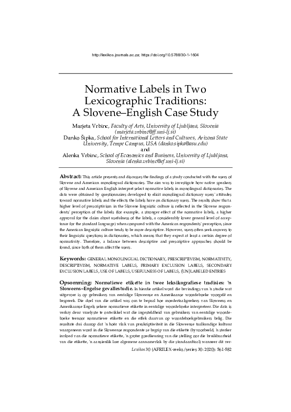 (PDF) Normative Labels in Two Lexicographic Traditions: A Slovene–English Case Study