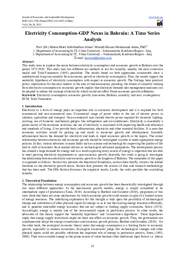 (PDF) Electricity Consumption-GDP Nexus in Bahrain: A Time Series Analysis