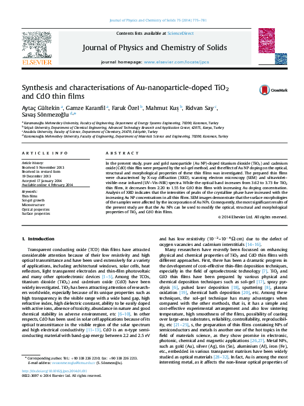 (PDF) Synthesis and characterisations of Au-nanoparticle-doped TiO2 and CdO thin films | Rıdvan ...