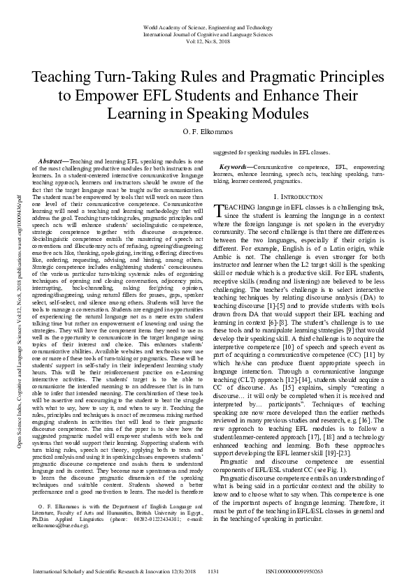 (PDF) Teaching Turn-Taking Rules and Pragmatic Principles to Empower EFL Students and Enhance ...