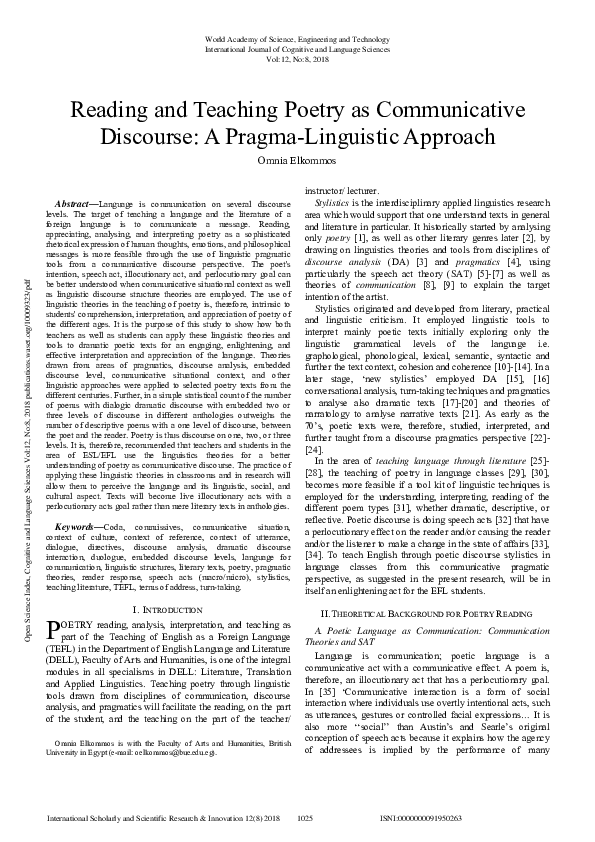 (PDF) Reading and Teaching Poetry as Communicative Discourse: A Pragma-Linguistic Approach