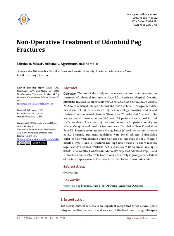 (PDF) Non-Operative Treatment of Odontoid Peg Fractures | Mthunzi ...