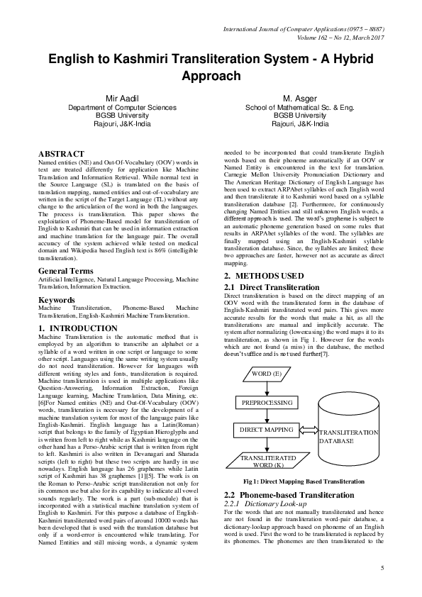 (PDF) English to Kashmiri Transliteration System - A Hybrid Approach
