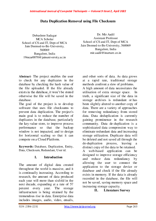 (PDF) Data Duplication Removal using File Checksum