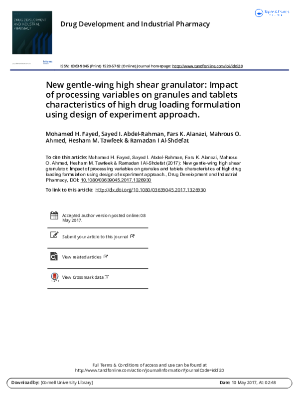 Pdf New Gentle Wing High Shear Granulator Impact Of Processing Variables On Granules And