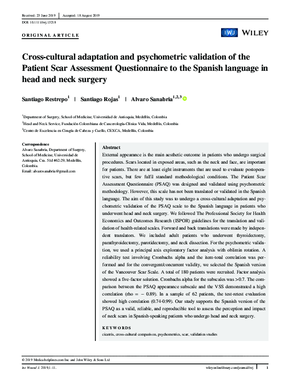 Pdf Cross Cultural Adaptation And Psychometric Validation Of A Spanish Version Of The Quality