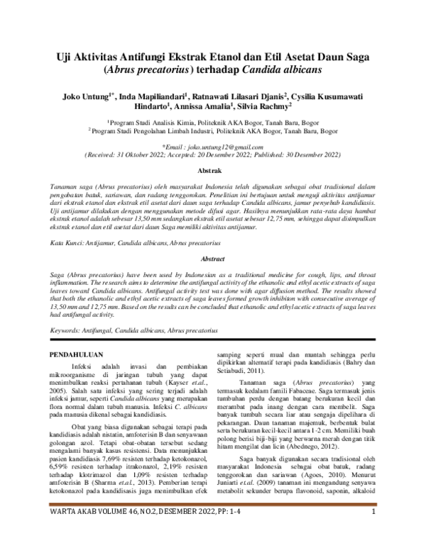 (PDF) Uji Aktivitas Antifungi Ekstrak Etanol dan Etil Asetat Daun Saga (Abrus precatorius ...